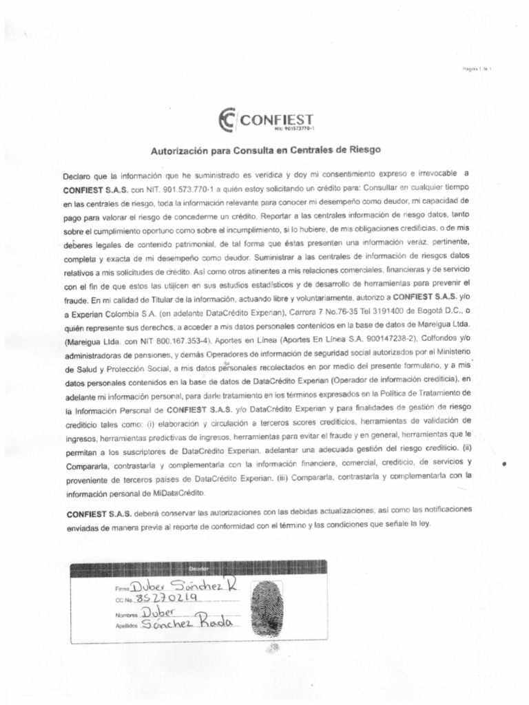 Duber Sanchez Rada Autorizacion De Consulta Pdf