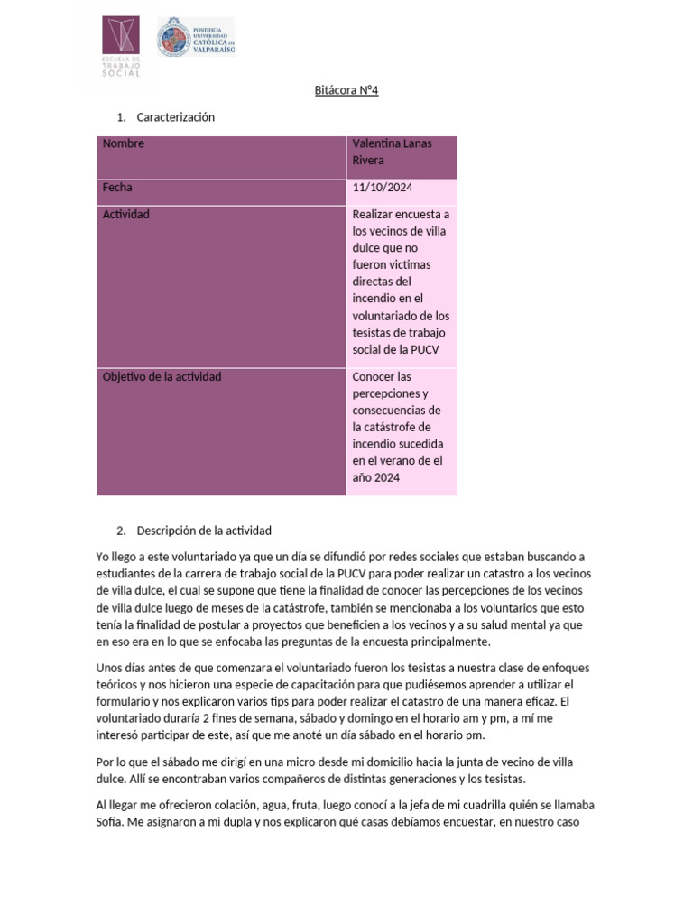 BITÁCORA N°4 - Valentina Lanas | PDF | Vejez | Metodología de encuesta