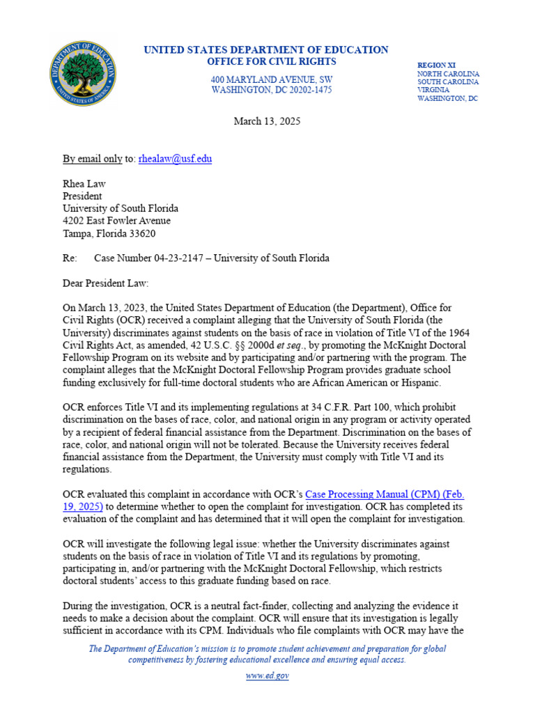 University of South Florida DOE Letter | PDF | Complaint | Justice