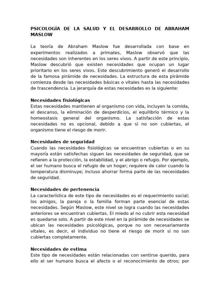 Psicología de La Salud y El Desarrollo de Abraham Maslow | PDF | Psicología Social | Conceptos ...