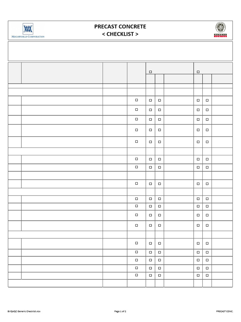 Precast Concrete - Checklist | PDF