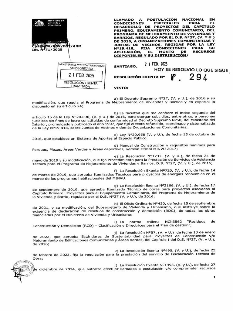 Res 294 Del 21-02-2025 Llamado Proyectos DS 27 Capitulo I | PDF