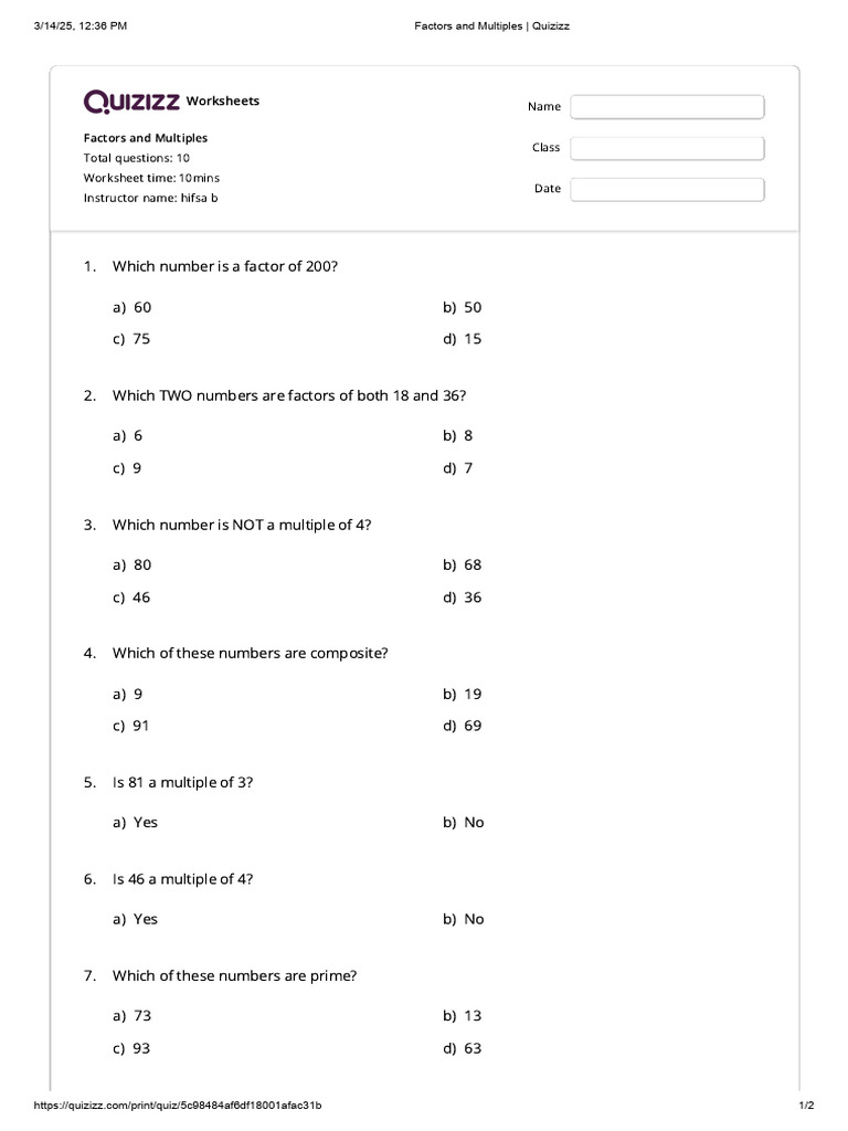 Factors and Multiples _ Quizizz | PDF | Arithmetic | Numbers