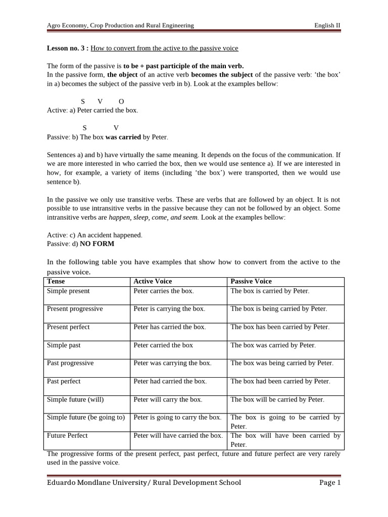 CR e EA Lesson 3, Ingles II, 2018 Convert Active To Passive Voice | PDF ...