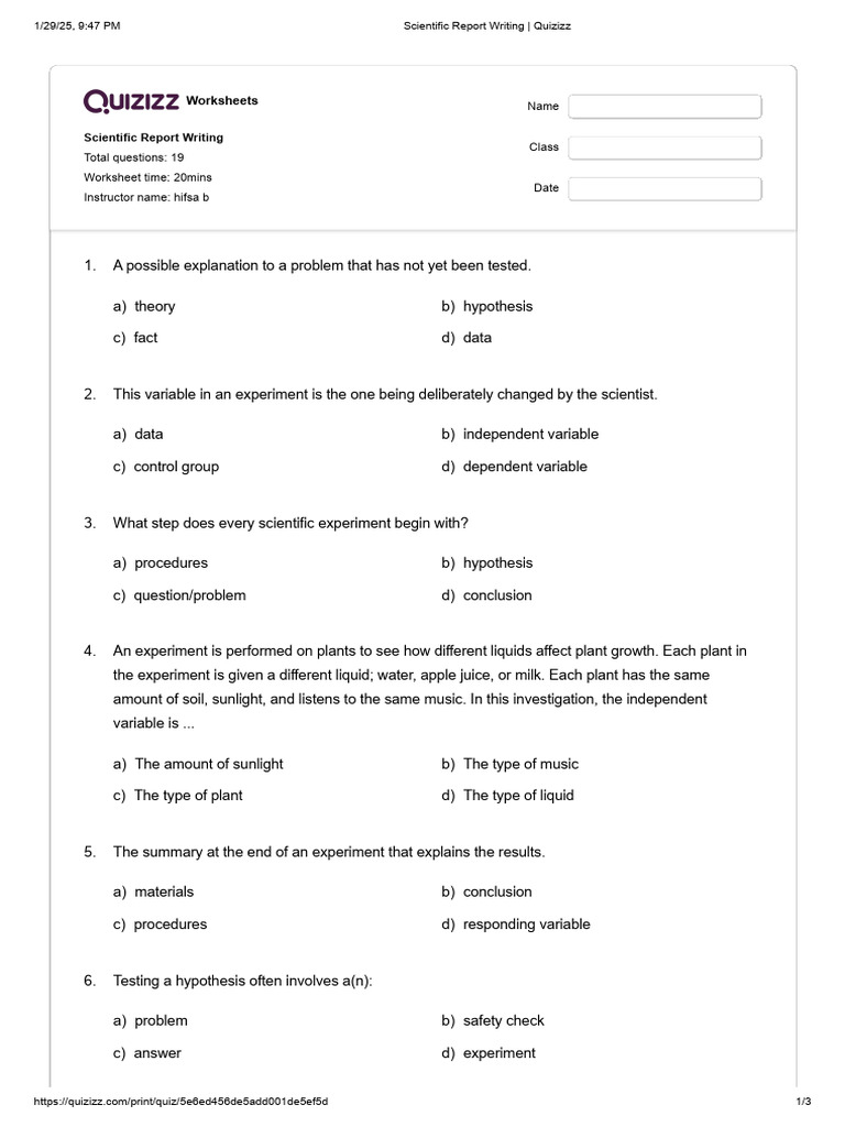 Scientific Report Writing - Quizizz | PDF | Experiment | Hypothesis