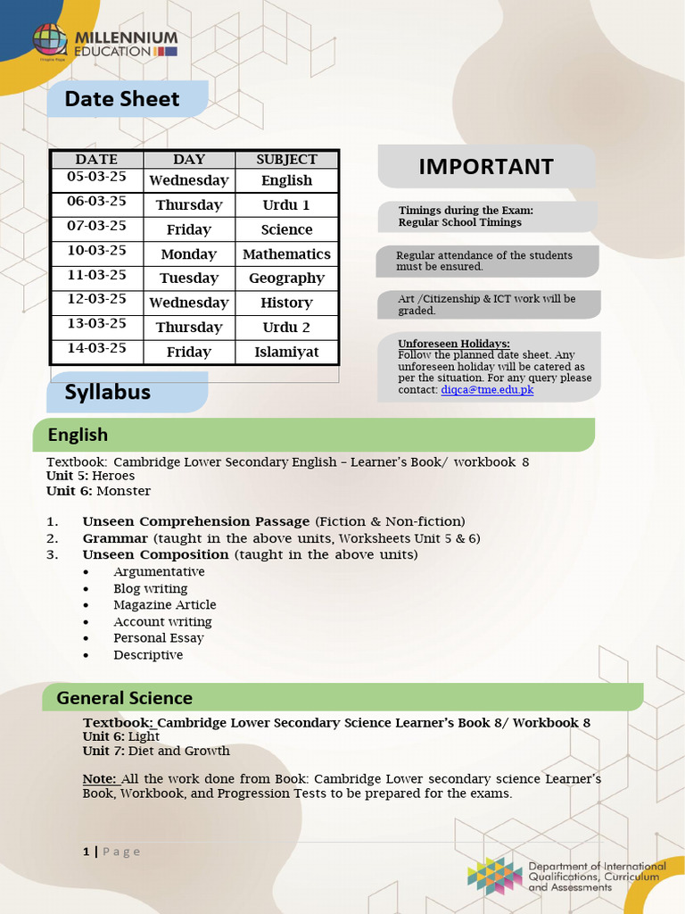 Grade 7 Date Sheet & Syllabus 1st Sessional March 2025 | PDF | Mathematics | Arithmetic