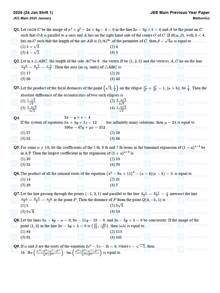 JEE Main 2025 (24 Jan Shift 1) Previous Year Paper With Answer Keys - MathonGo | PDF ...