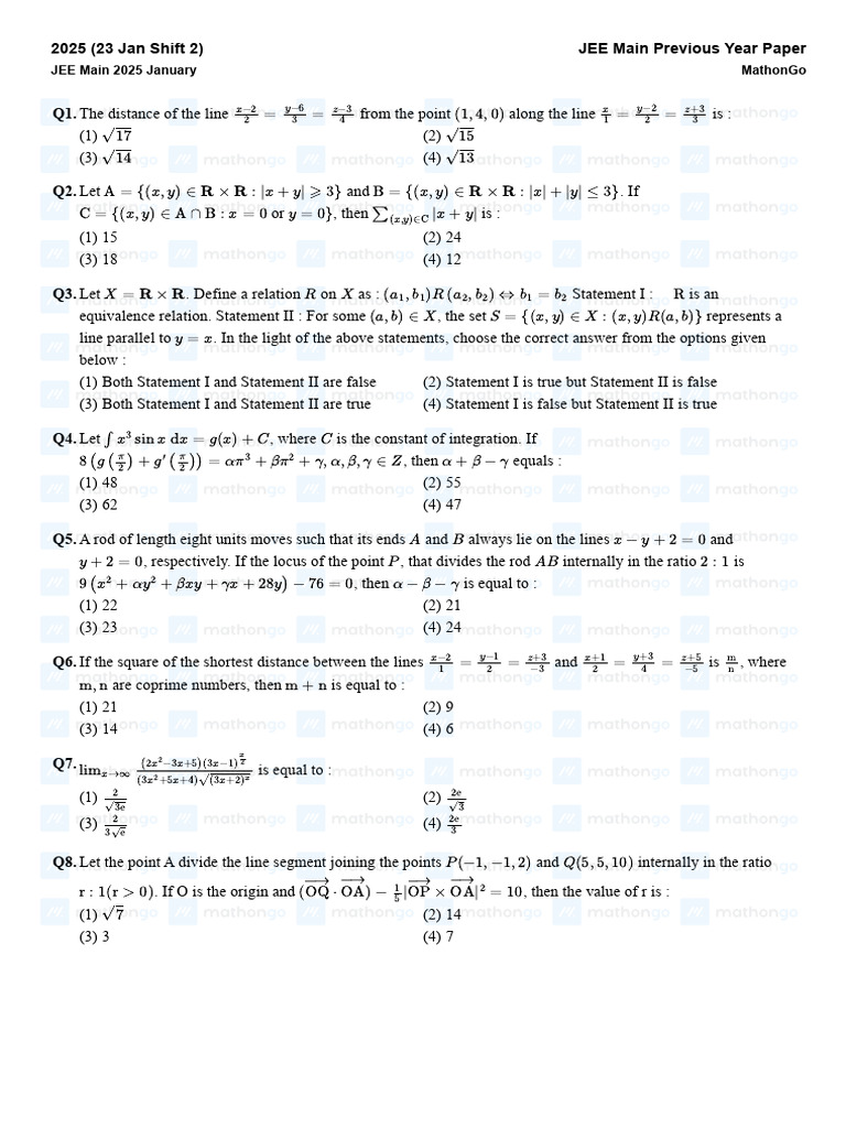 JEE Main 2025 (23 Jan Shift 2) Previous Year Paper With Answer Keys ...