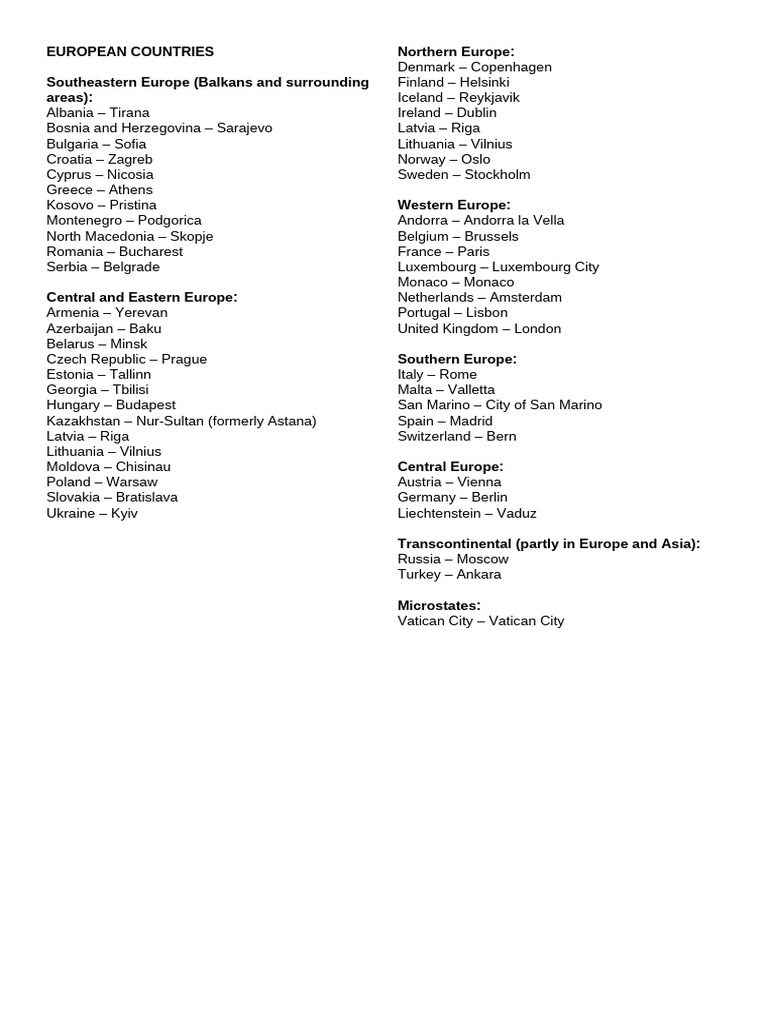 List of European and African Countries | PDF | Europe | Central Europe