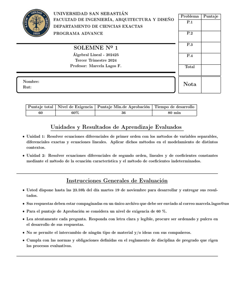 Solemne 1 EDO | PDF | Ecuaciones | Ecuaciones diferenciales