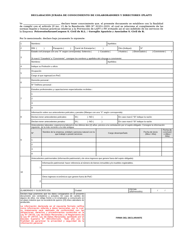 Declaración Jurada de Conocimiento de Colaboradores y Directores (PLAFT) - IMPRIMIR Y FIRMAR ...