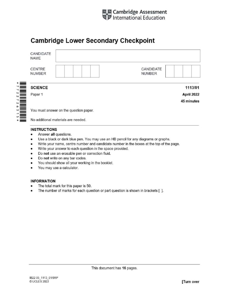Cambridge Science Checkpoint Past Papers April 2022 Paper 1 | PDF