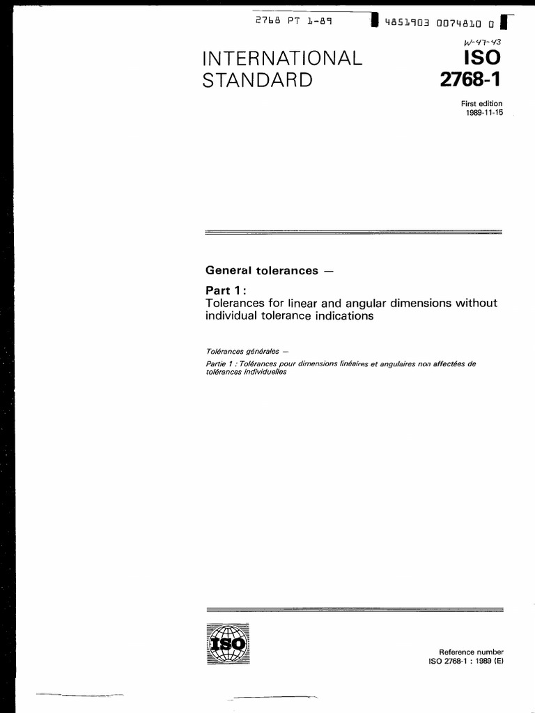 Iso 2768-1, 1989 Tolerances For Linear and Angular Dimensions Without Individual Tolerance ...