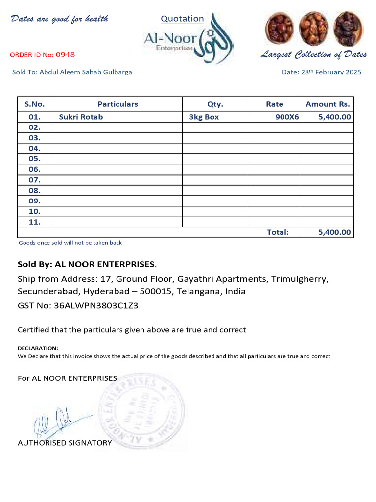 Al Noor Invoice For Payments | PDF