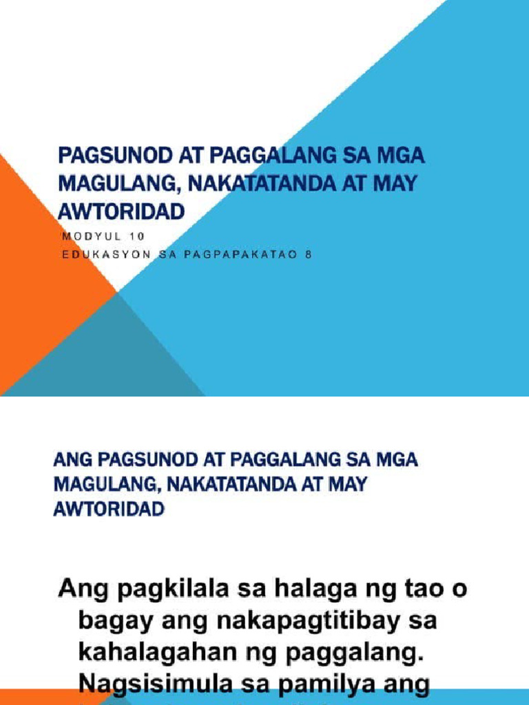 Module 10 Pagsunod at Paggalang Sa Mga Magulang Nakatatanda at May Awtoridad | PDF