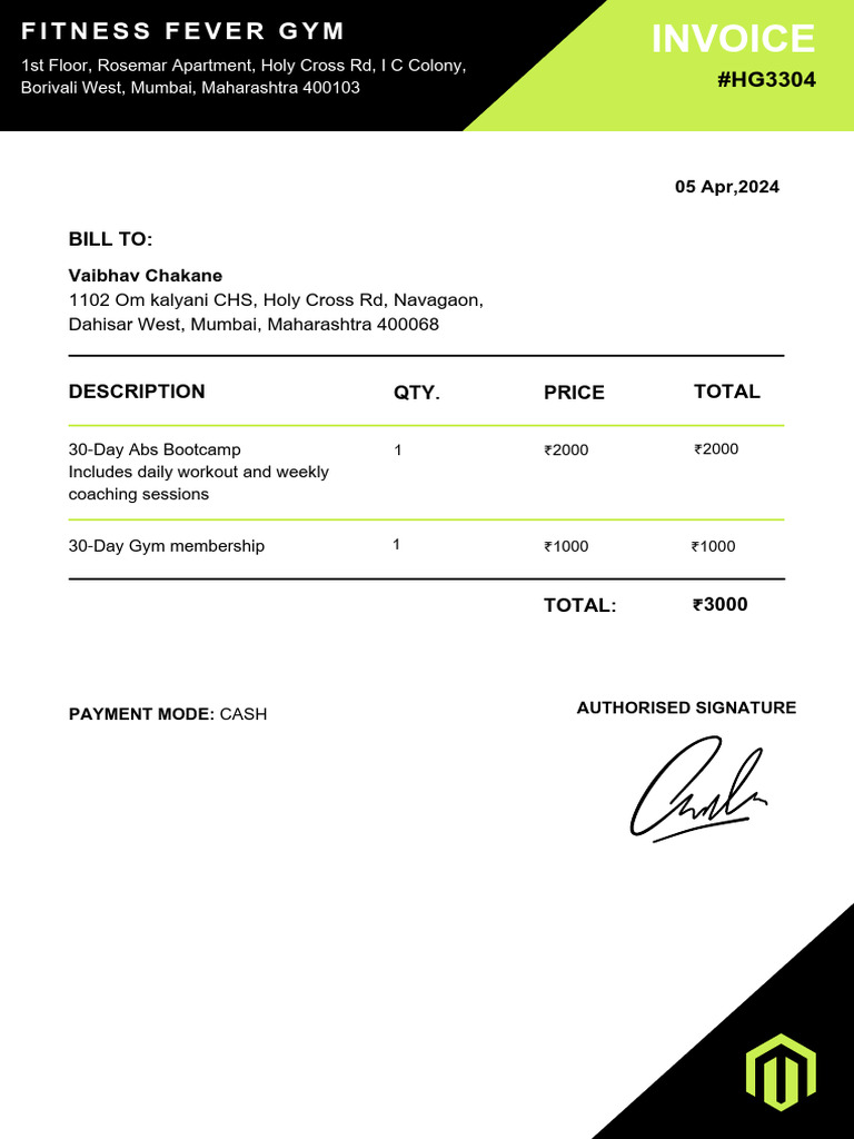 Fitness Fever Gym Invoice - Vaibhav Chakane | PDF