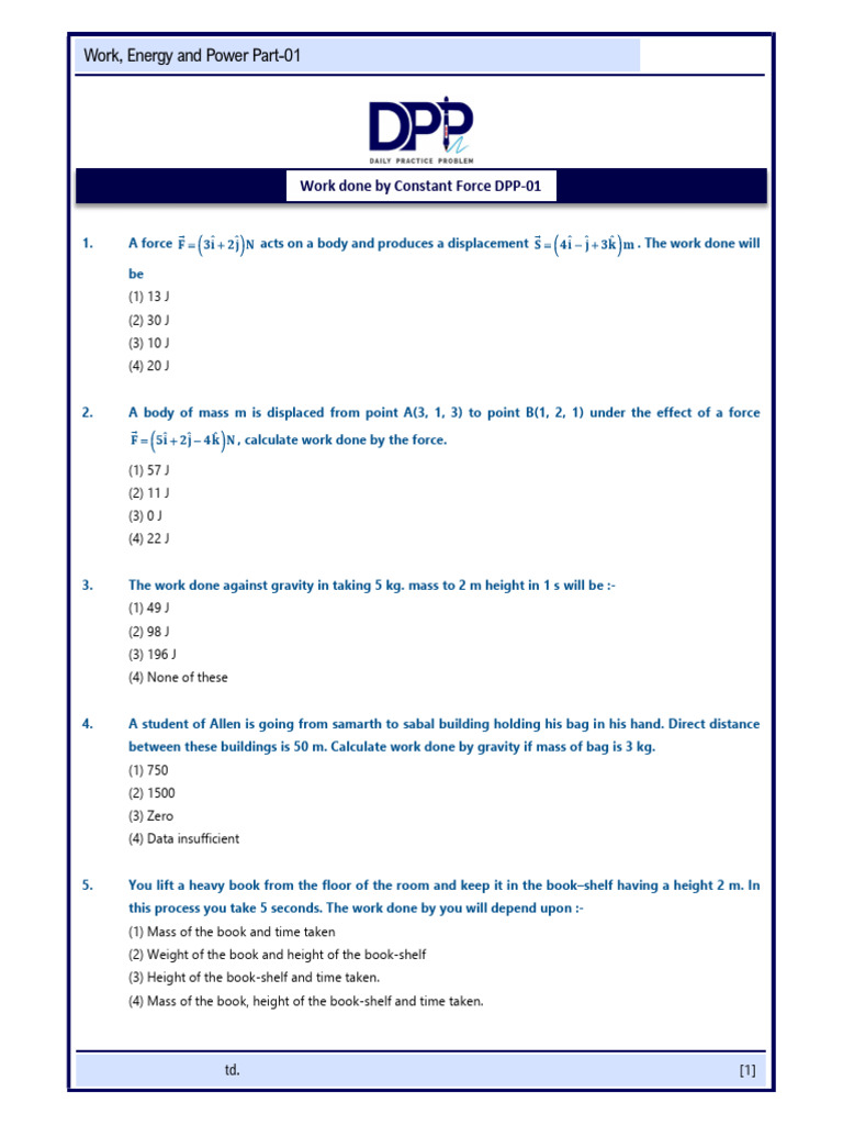 Work Energy and Power DPP | PDF | Force | Potential Energy