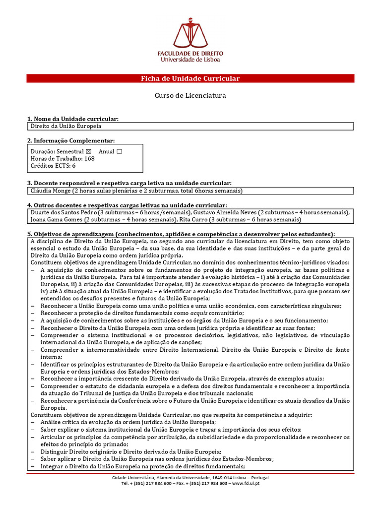Ficha UC - DUE - 2B - CM - 2024 - 2025 | PDF | União Europeia | Ciência ...