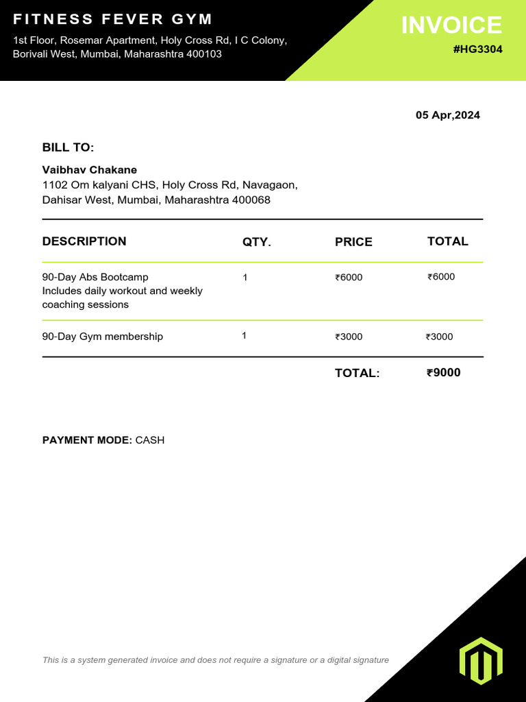 Fitness Fever Gym Invoice | PDF