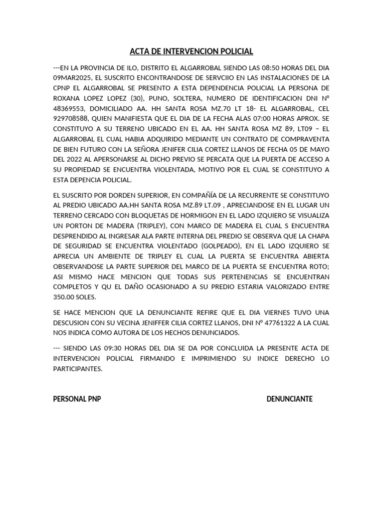 Acta de Intervencion Policial | PDF