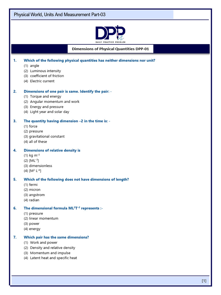 Physical World, Unit Dimensions DPP | PDF | Significant Figures | Force