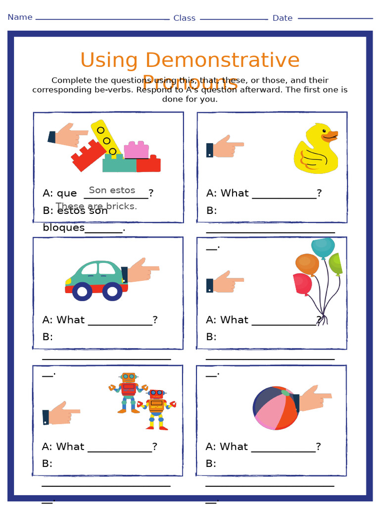 Colorful Toys Demonstrative Pronouns Worksheet | PDF