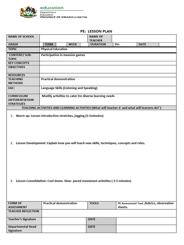 2025 PE - Weekly Lesson Plan With Explanations | PDF