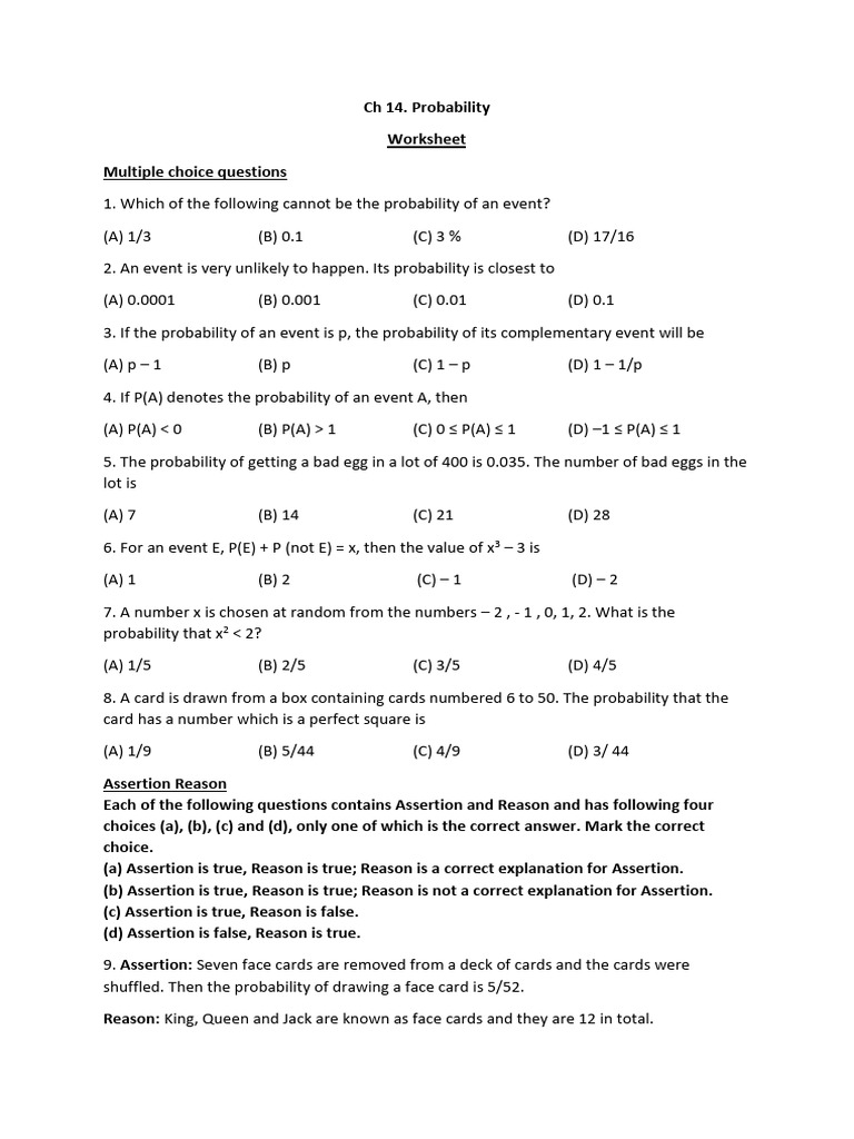Worksheet on Probability Class 10 (1) | PDF | Probability Theory ...