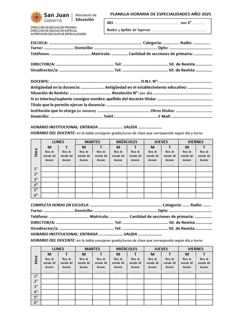 Planilla Horaria 2025 - Primaria | PDF