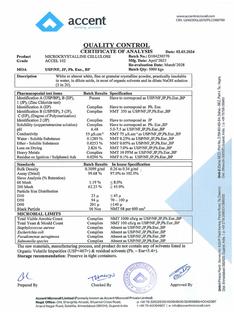 MCC Coa 102 Microcrystalline Cellulose | PDF | Solubility | Chemistry