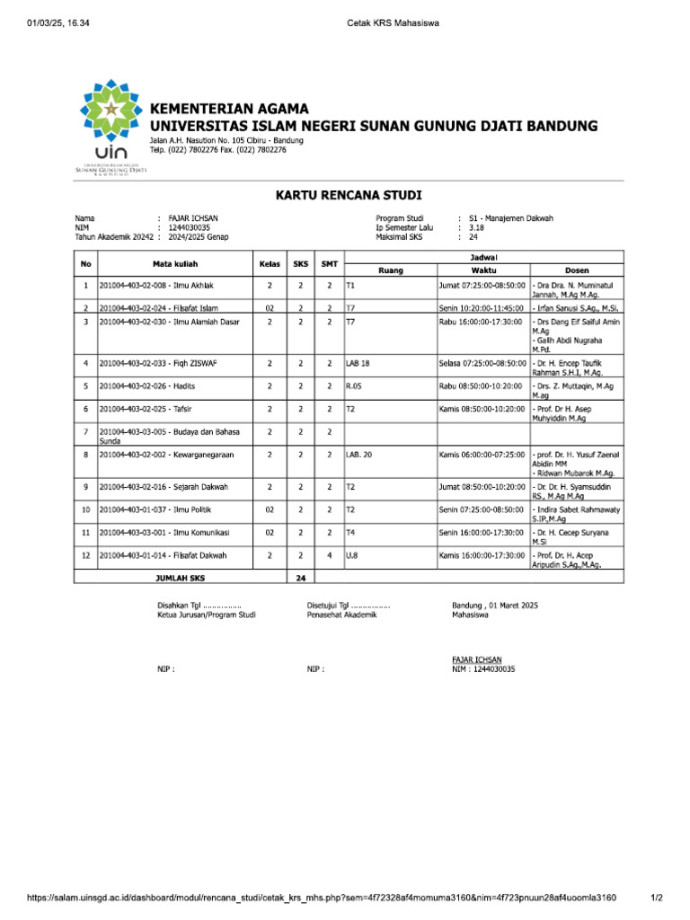 Cetak KRS Mahasiswa | PDF