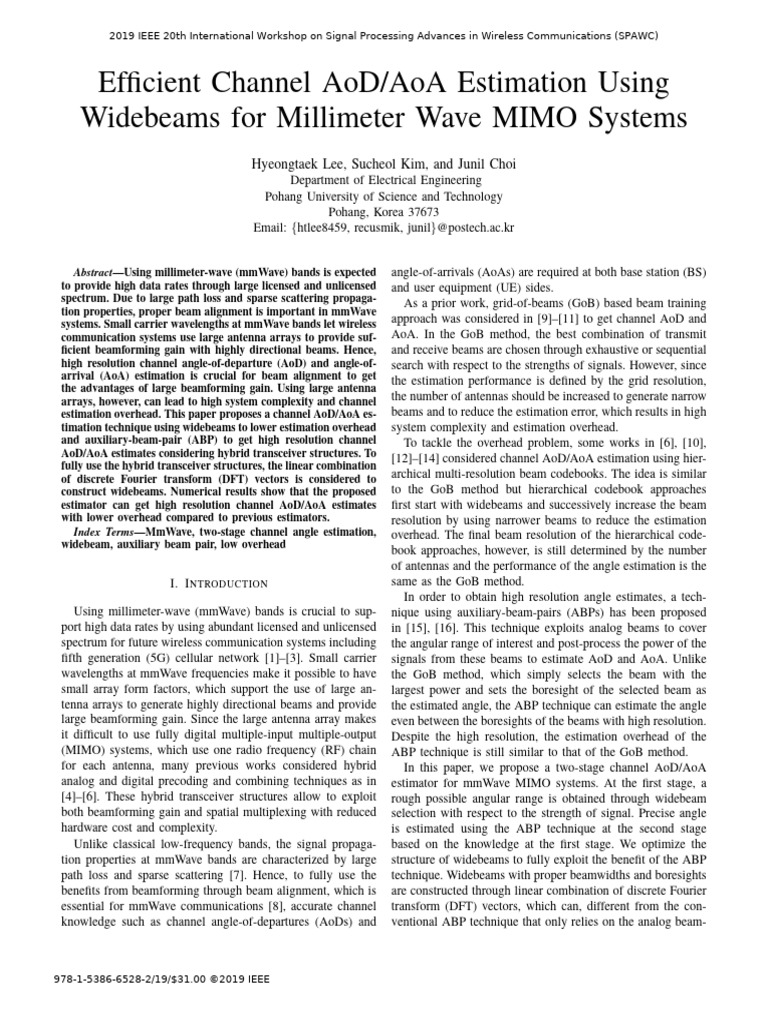 Efficient Channel AoD-AoA Estimation Using Widebeams For Millimeter Wave MIMO Systems | PDF ...