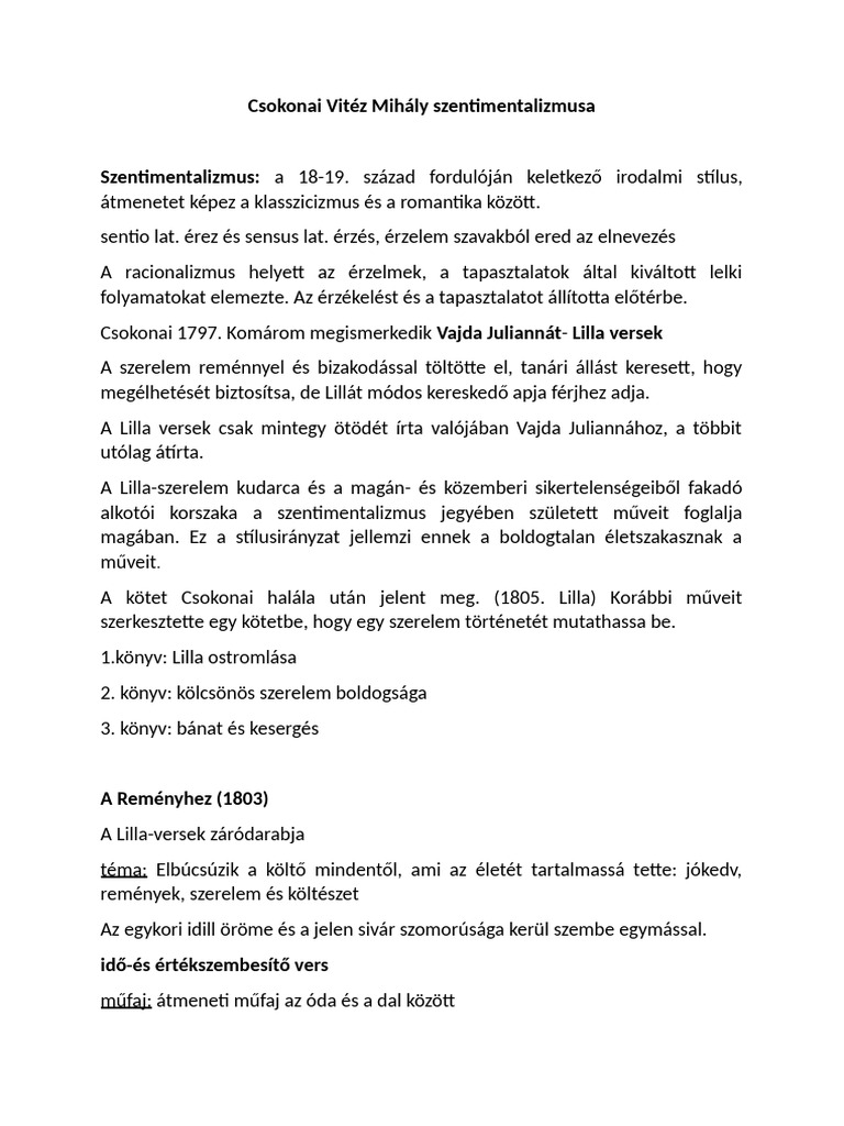 Csokonai Vitéz Mihály Szentimentalizmusa | PDF