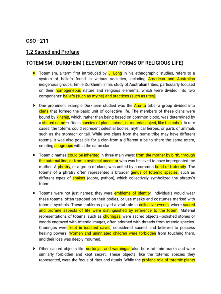 CSO - 211 - Totemism WPS Office | PDF | Cultural Anthropology