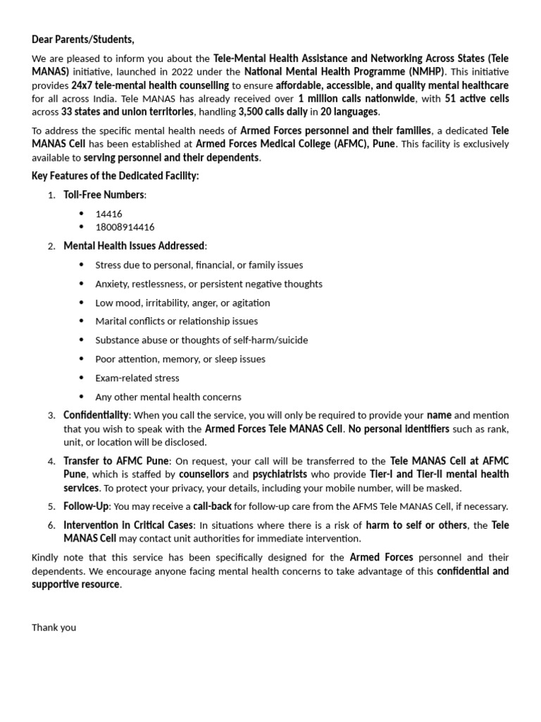 TELE MANAS NODE FOR Armed Force | PDF | Mental Health | Mind