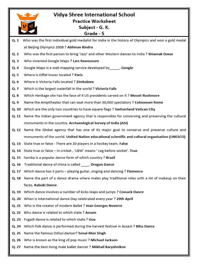 Grade 5 GK. Practice Worksheet - 07.11.2024 | PDF | Dances | Performing ...