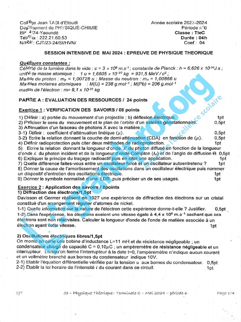 Physique TleC BAC Blanc College Jean Tabi Mai 2024 | PDF