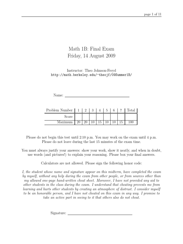Math 1B Final Exam Instructions | PDF | Tests | Evaluation Methods