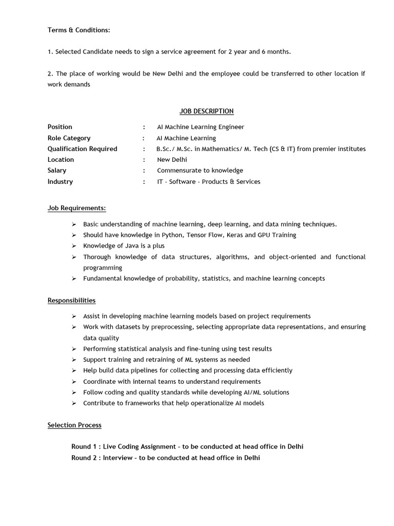 JD_AI Machine Learning_Freshers | PDF