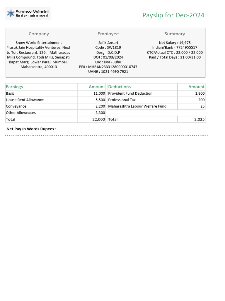 December 2024 Payslip Summary | PDF