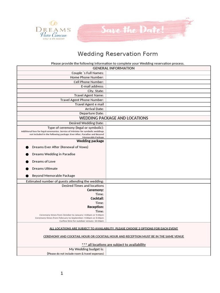 Copia de 2 Wedding Reservation Form Dreams Vista Cancun | PDF | Credit ...