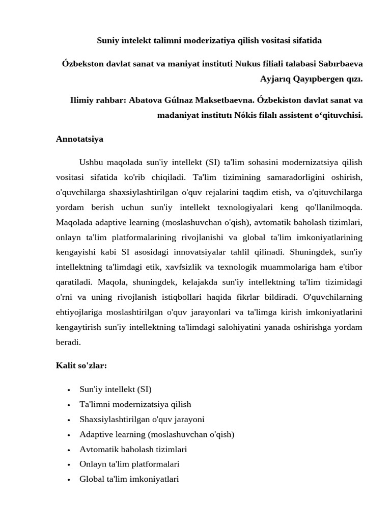 Suniy Intelekt Talimni Moderizatiya Qilish Vositasi Sifatida 00 | PDF