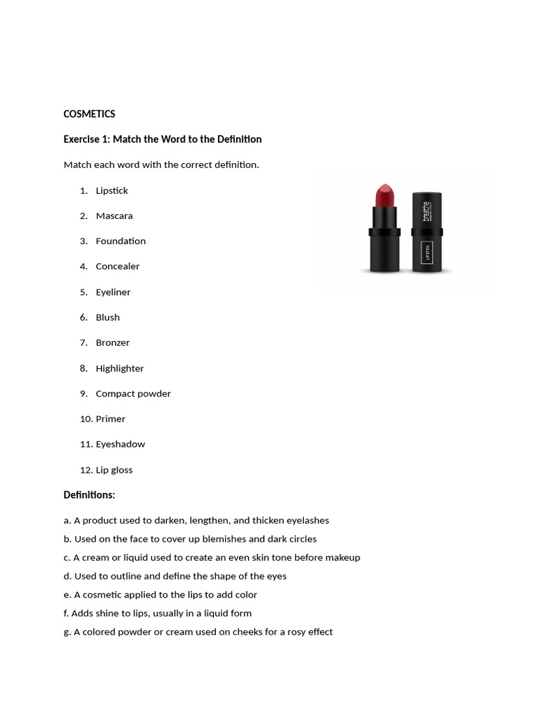 Cosmetics Vocabulary Exercises | PDF | Cosmetics | Body Art
