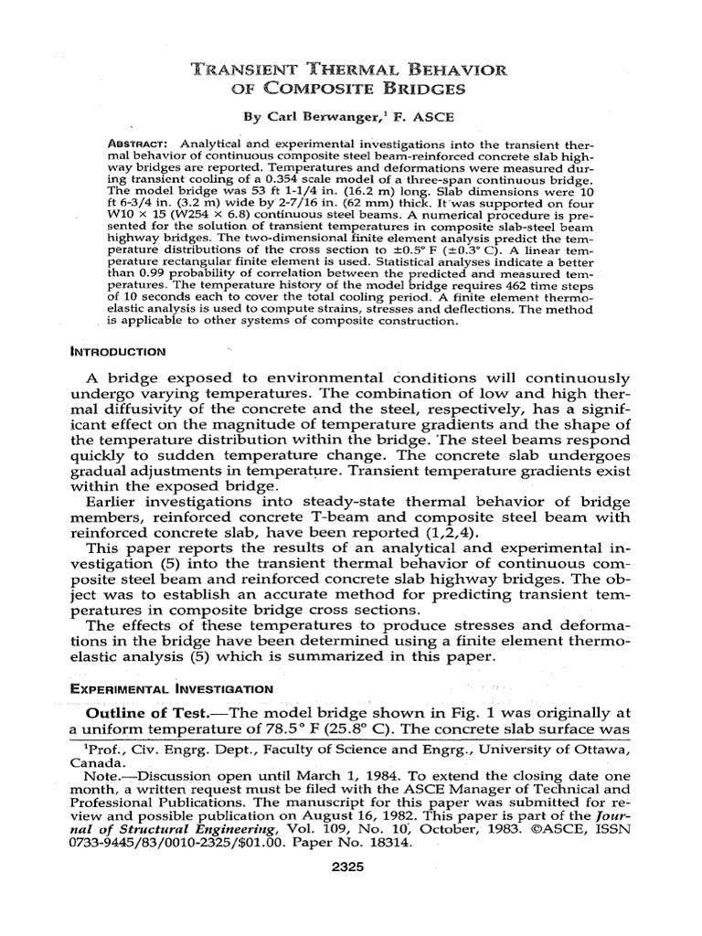 Berwanger 1983 Transient Thermal Behavior of Composite Bridges | PDF ...