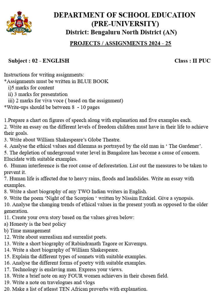2nd PUC English Assignment Topics 2024-25 | PDF