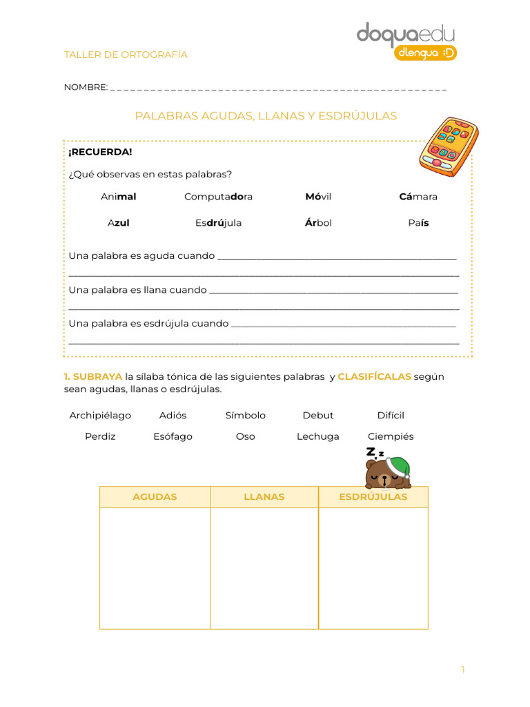 Ficha - Diferenciación de Palabras Llanas, Agudas y Esdrújulas | PDF ...