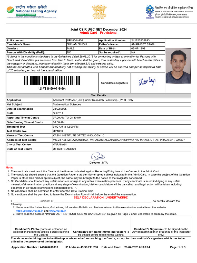 Joint Csir-Ugc Net December-2024 | PDF | Identity Document