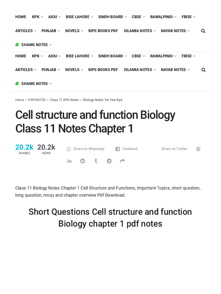 Cell Structure and Function Biology Class 11 Notes Chapter 1 | PDF ...