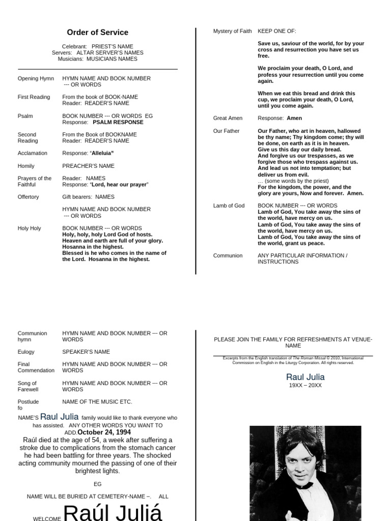 Raúl Juliá Funeral Mass Order | PDF | Lord's Prayer | Catholic Liturgy
