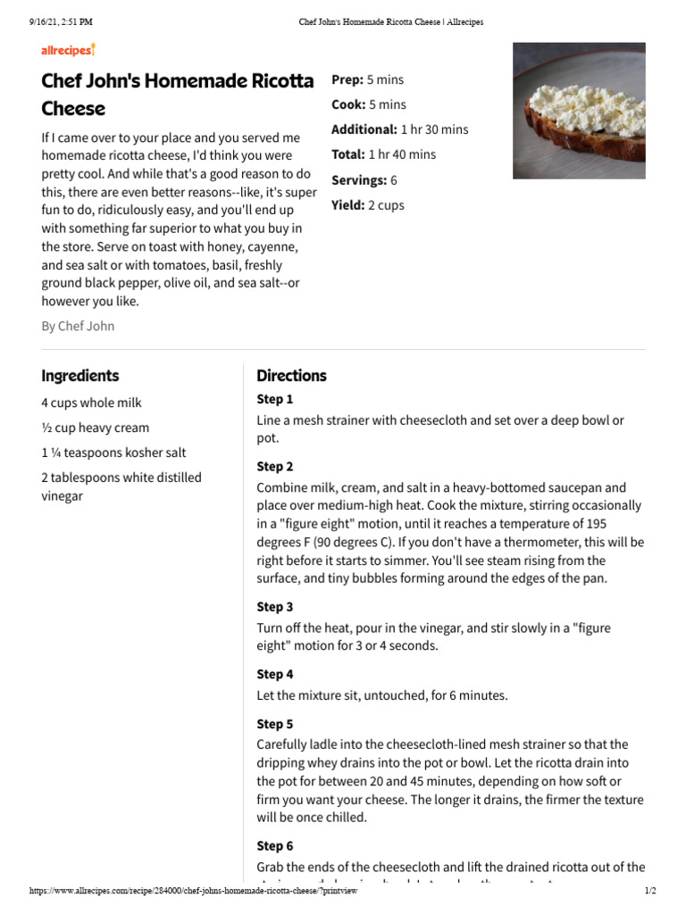 Chef John's Homemade Ricotta Cheese - Allrecipes | PDF | Ricotta | Cheese